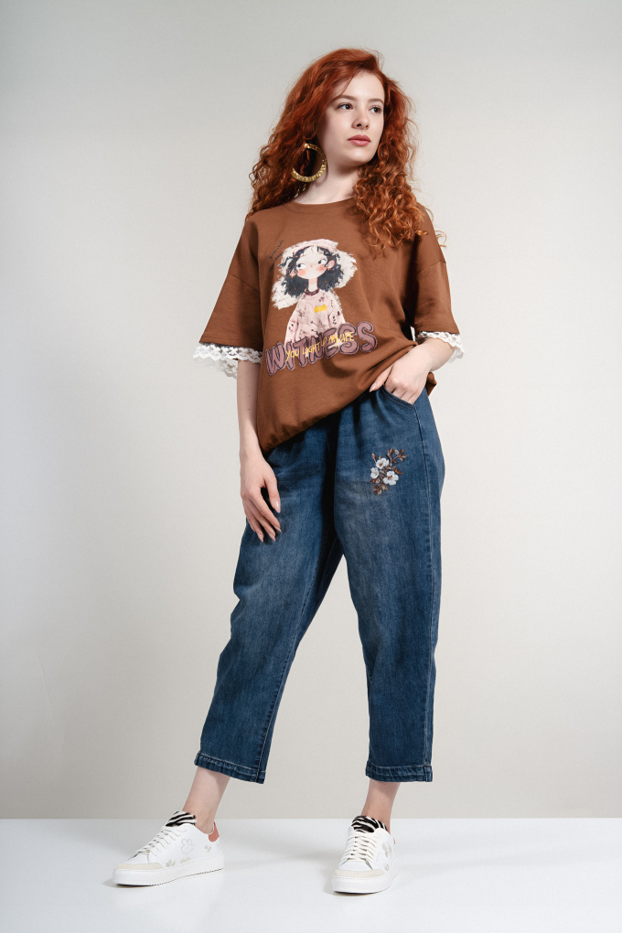 Дамска блуза от памук в кафяво с щампа момиче със забавен надпис - Gang.bg