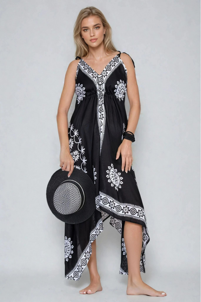 Индийска асиметрична рокля в черно с бял етно принт - Gang.bg