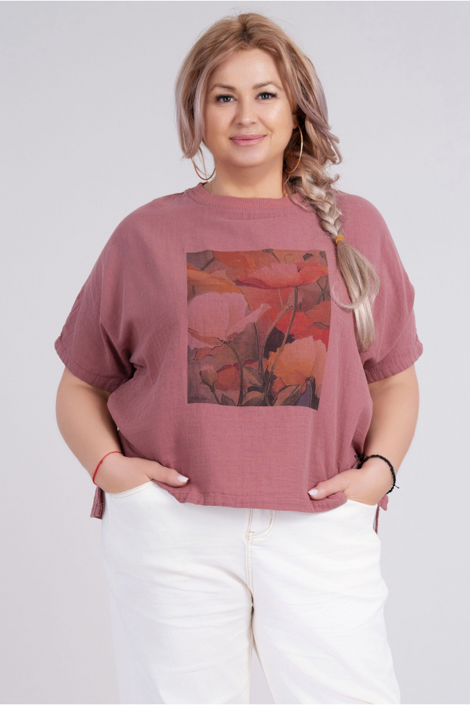 МАКСИ блуза от памук и лен в цвят пепел от рози с акварелна щампа - Gang.bg