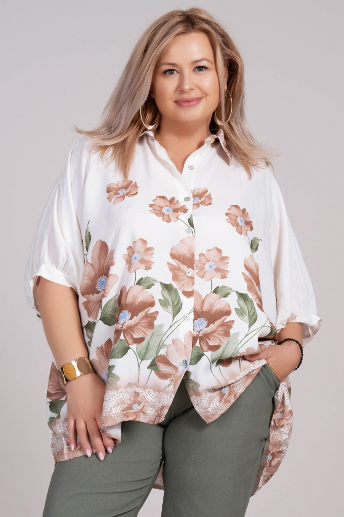 Макси риза от вискоза в екрю с принт бежови цветя и свободна кройка - Gang.bg