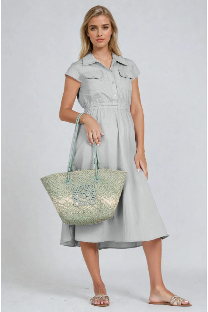 Миди рокля с бледозелено с копчета и ластик в талията - Gang.bg