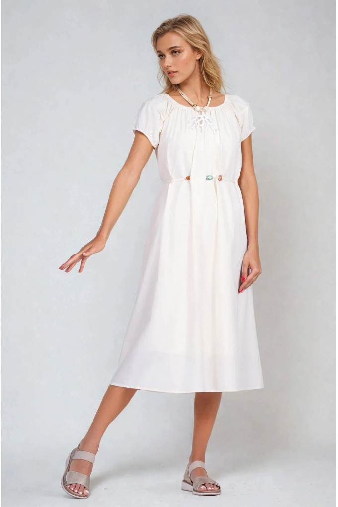 Миди рокля в светложълто с декоративен колан-връзка в талията - Gang.bg